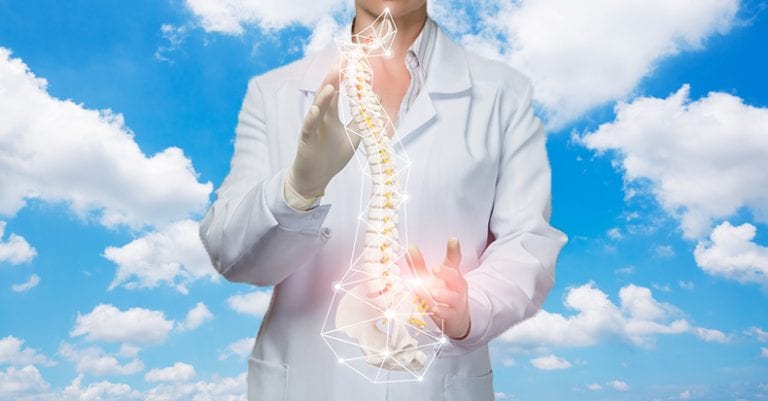 A doctor operating with a digital artificial spine model with pelvis unit.